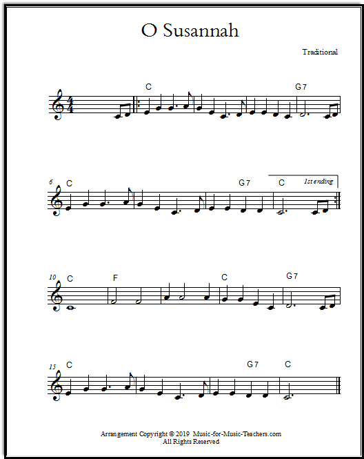 O Susanna Easy Piano & Guitar Sheet Music