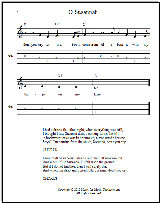 O Susanna Easy Piano & Guitar Sheet Music